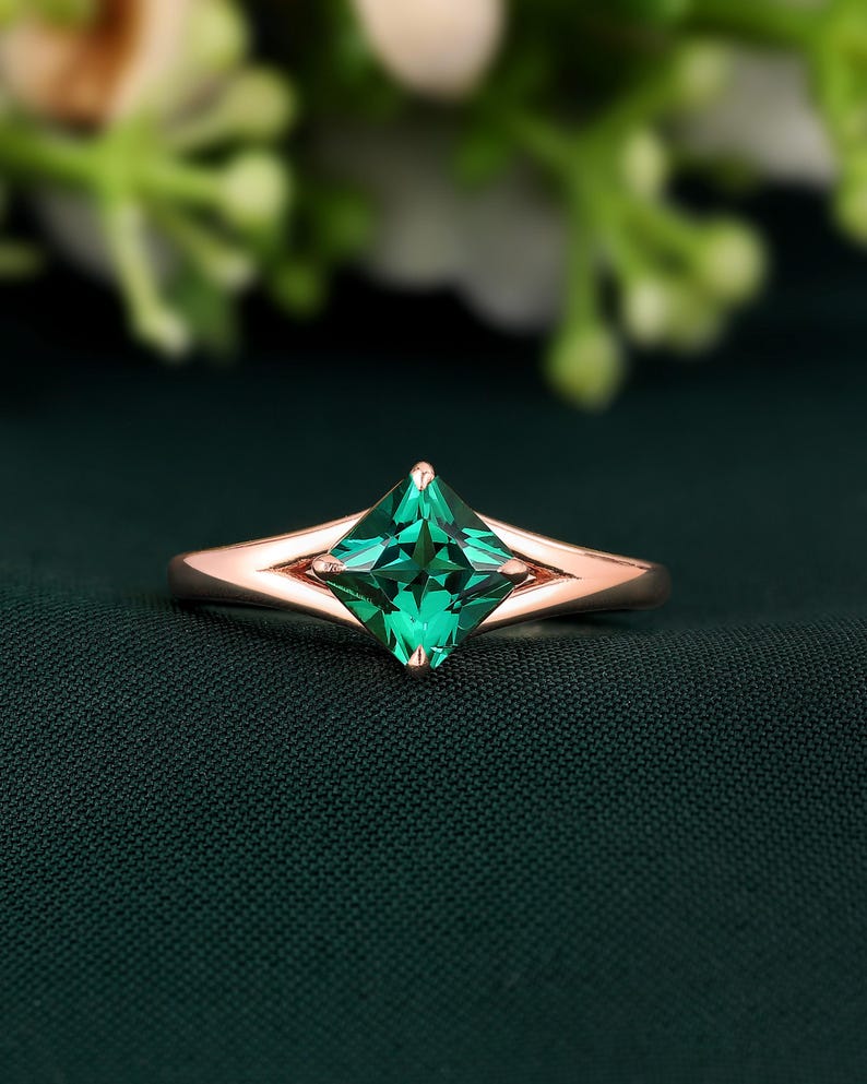 Minimalist Princess Cut Emerald Engagement Ring 14k Gold Emerald ...