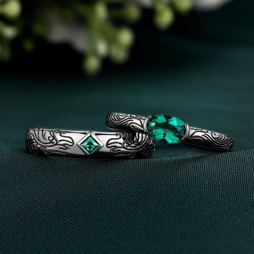 Gothic Emerald Carved Couple Ring Set 14k Black Gold Magic Couple ...
