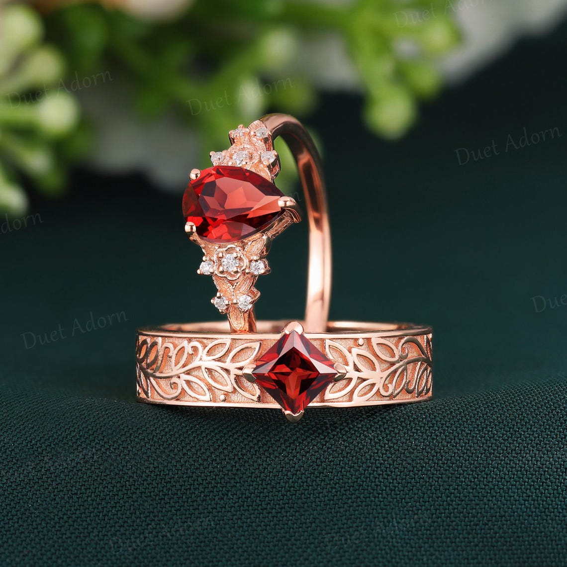 2PCS Antique Ruby Couple Wedding Ring Set Leaf Floral Couple Promise ...