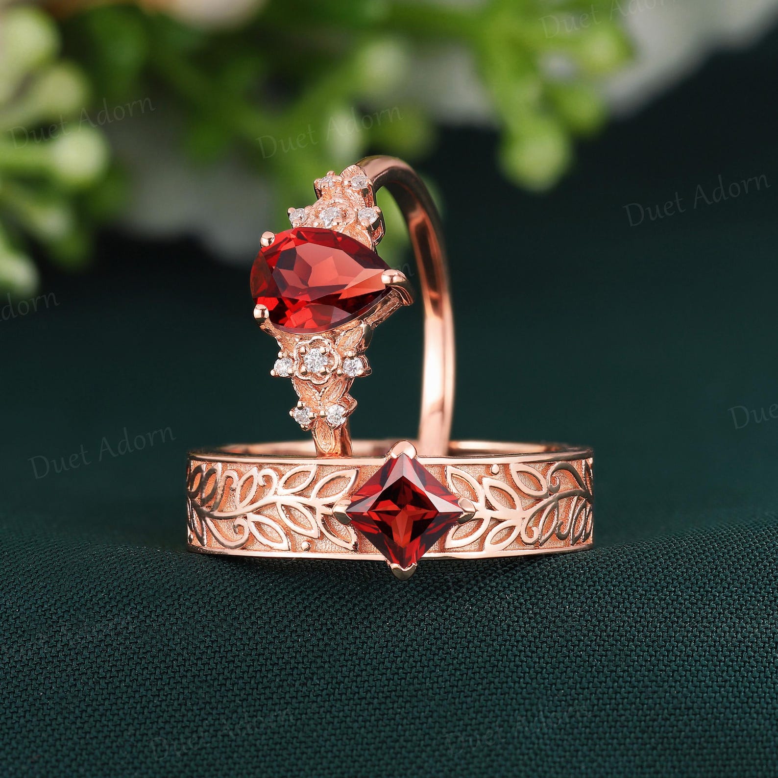 2PCS Antique Ruby Couple Wedding Ring Set Leaf Floral Couple Promise ...