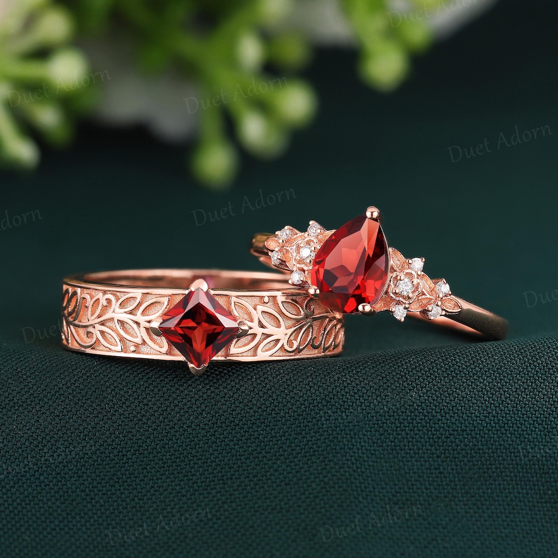2PCS Antique Ruby Couple Wedding Ring Set Leaf Floral Couple Promise ...