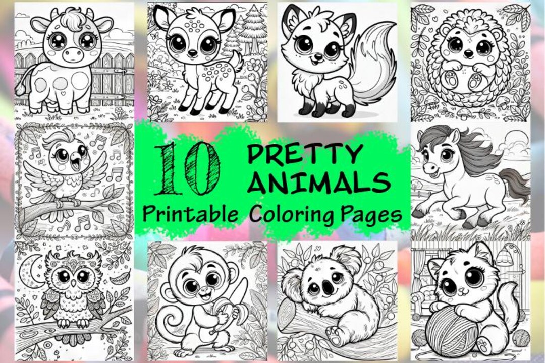 10 Pretty Animal Coloring Pages for Kids – Printable Digital Download ...