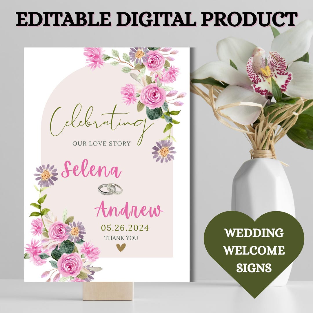 Boho Arch Pink Pastel Wedding Welcome Sign | Editable Canva Template ...