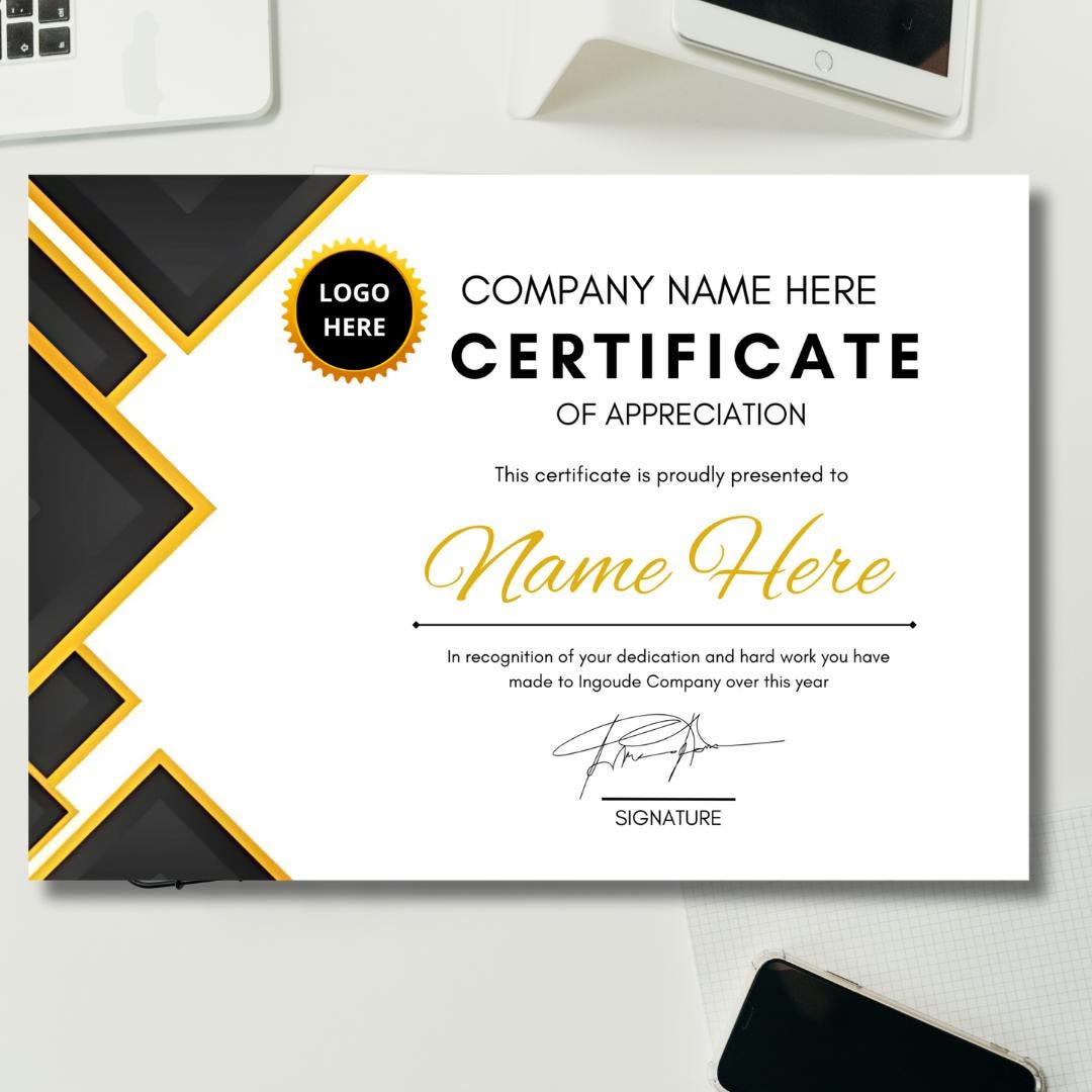 Modern Black and Gold Certificate of Appreciation Template (canva & PDF ...