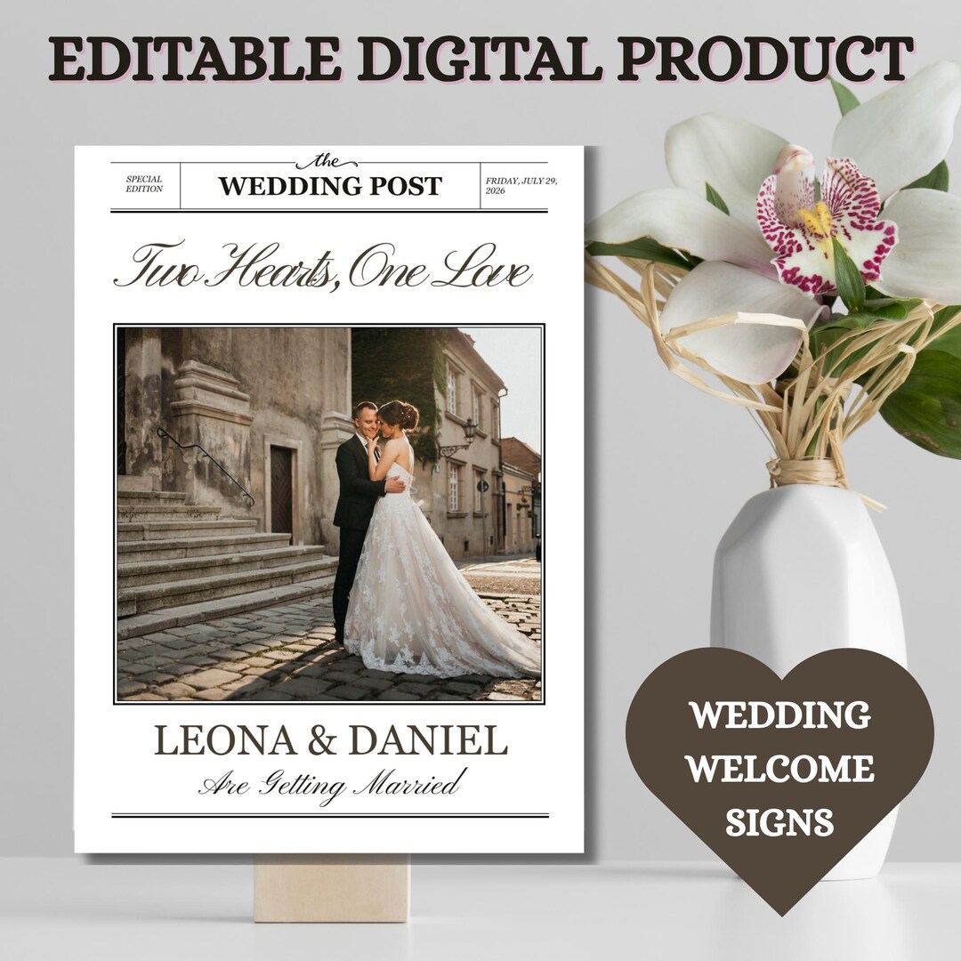 Elegant Wedding Printable Welcome Sign Newspaper Style Reception Poster ...