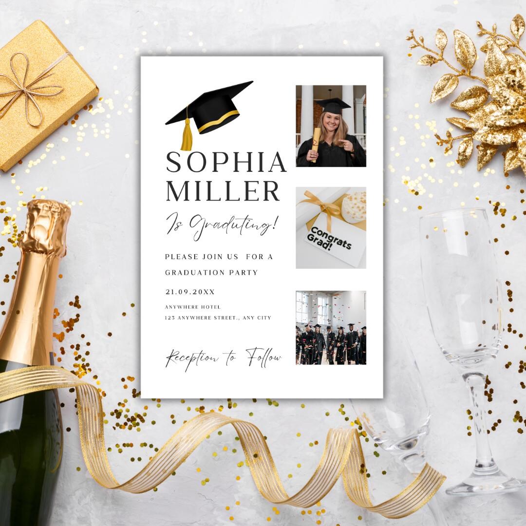 Minimalist Photo Graduation Invitation, Black & Gold (canva Template ...