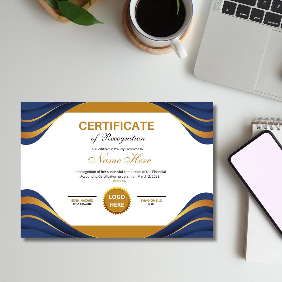 Blue & Gold Certificate of Recognition Template (PDF Canva Editable) - Etsy