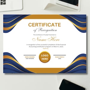 Blue Gold Certificate of Recognition, Elegant Recognition Certificate ...