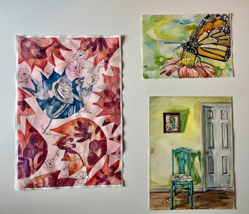 Triptych Watercolor Paintings, Warm Color Scheme, Ready to Frame ...