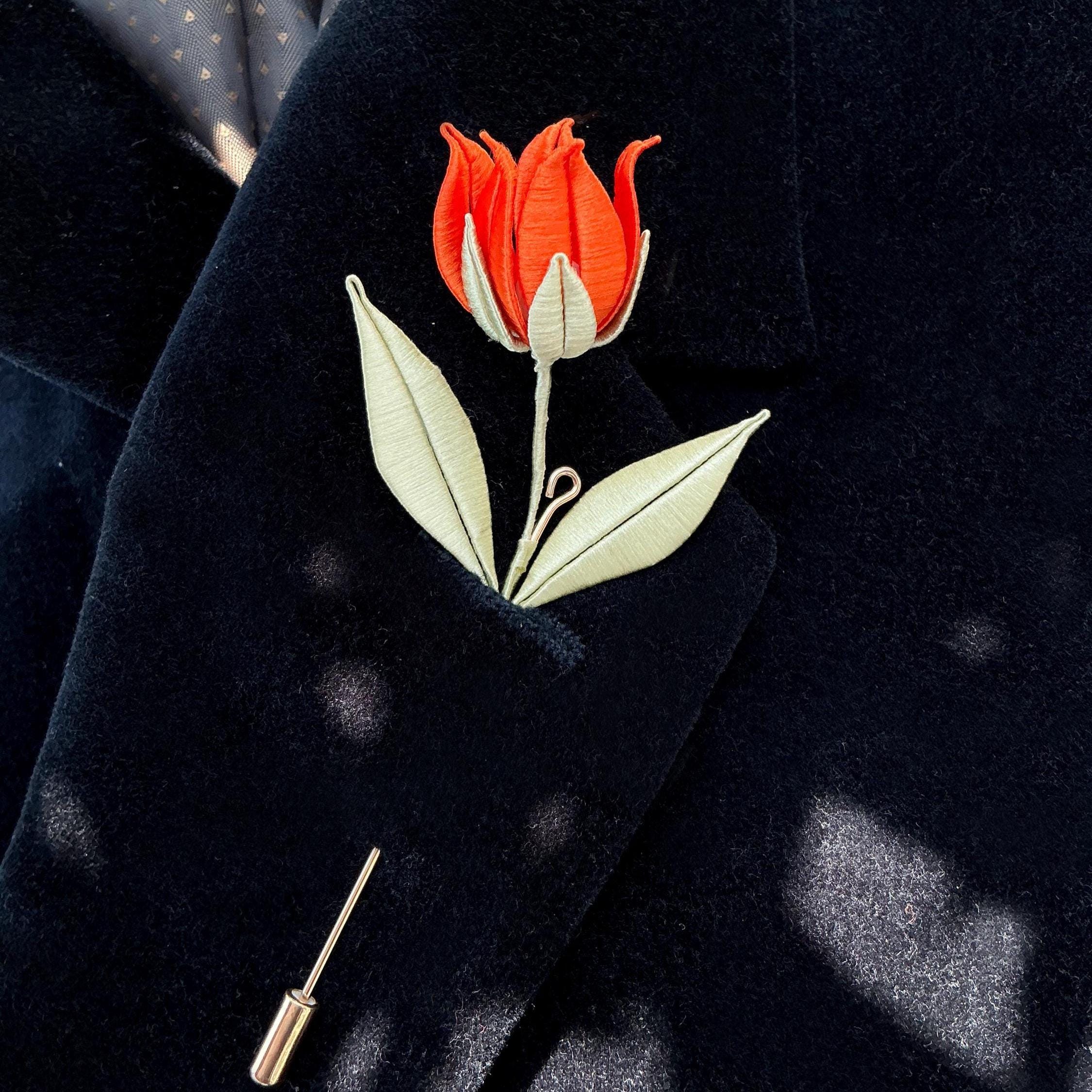 Multi-color Handmade Silk Wrapped Tulip Brooch | Groom Lapel Pin ...