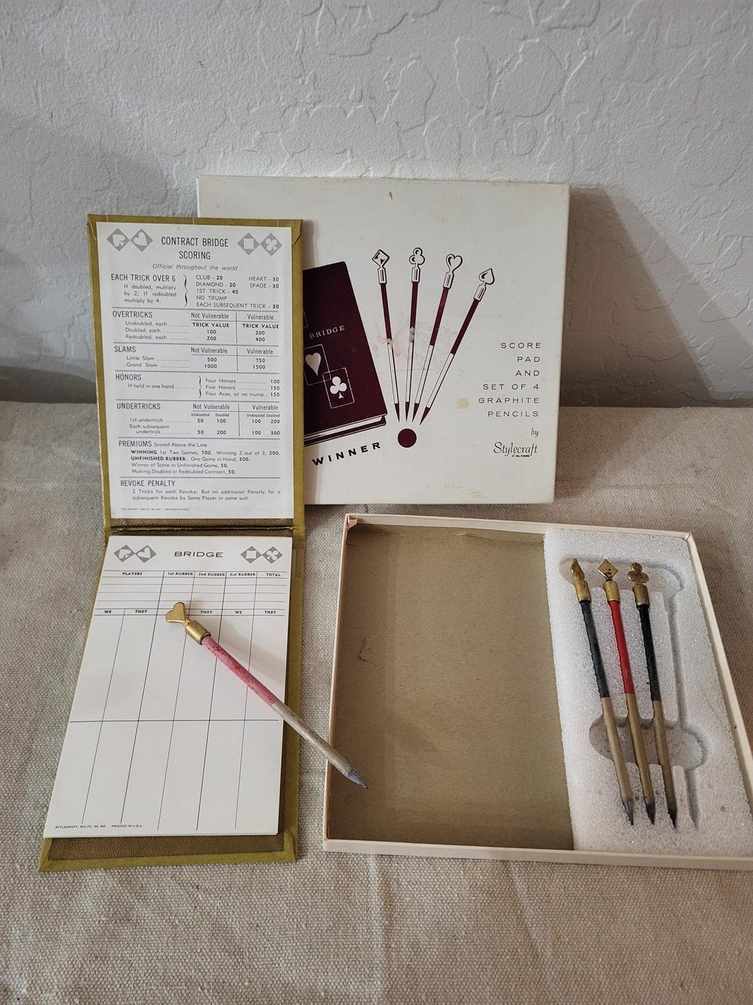 Vintage Bridge Set With Score Pad, Suit-topped Pencils & Bonus ...