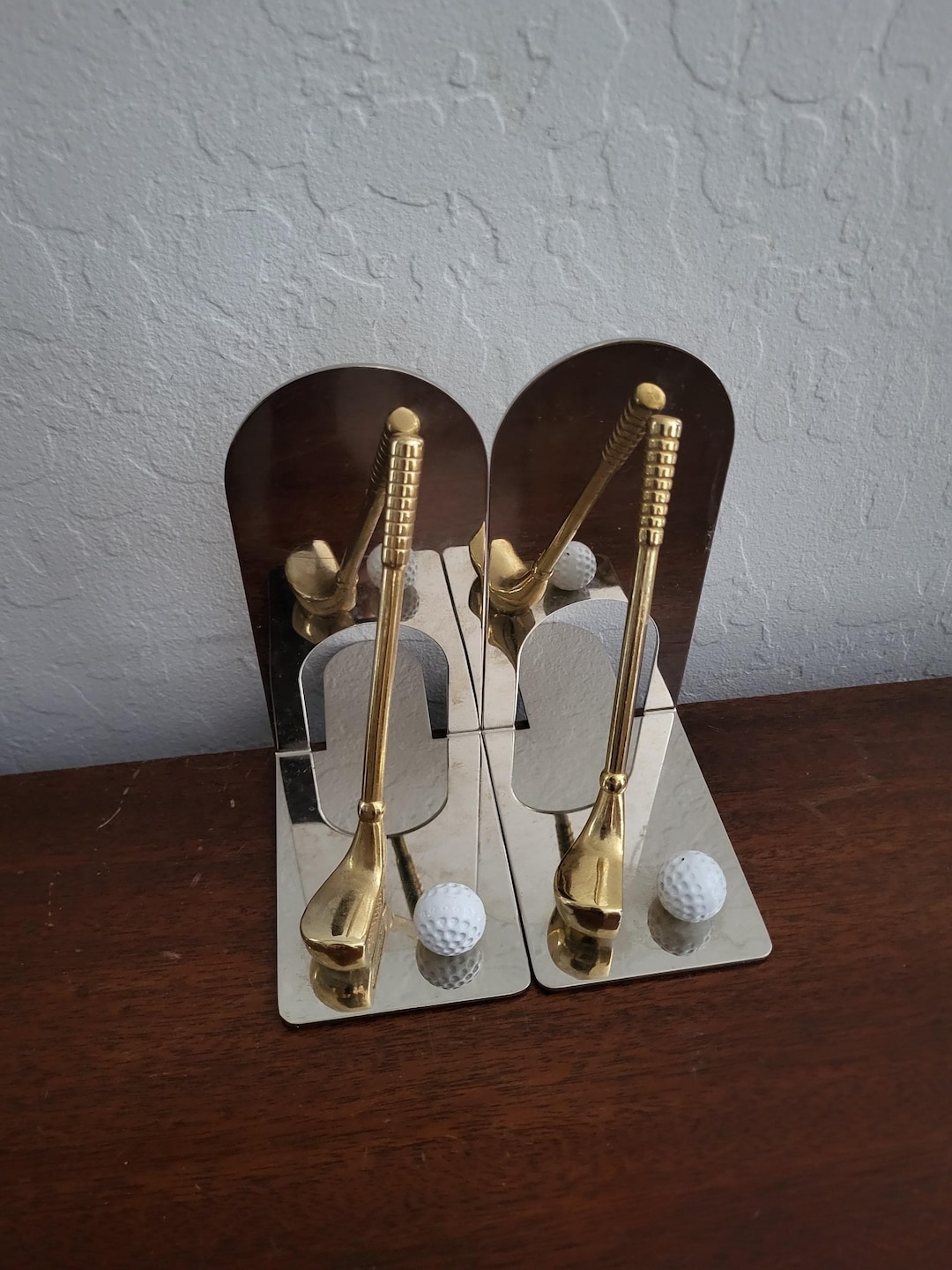 Vintage Golf Bookends – Brass Golf Club and Ball on Mirrored Base ...