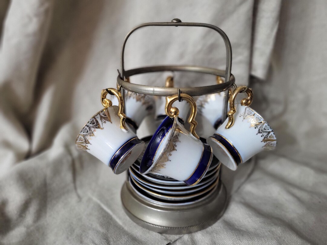 Vintage Metal Teacup Stand With Porcelain Cups and Saucers – Blue and ...