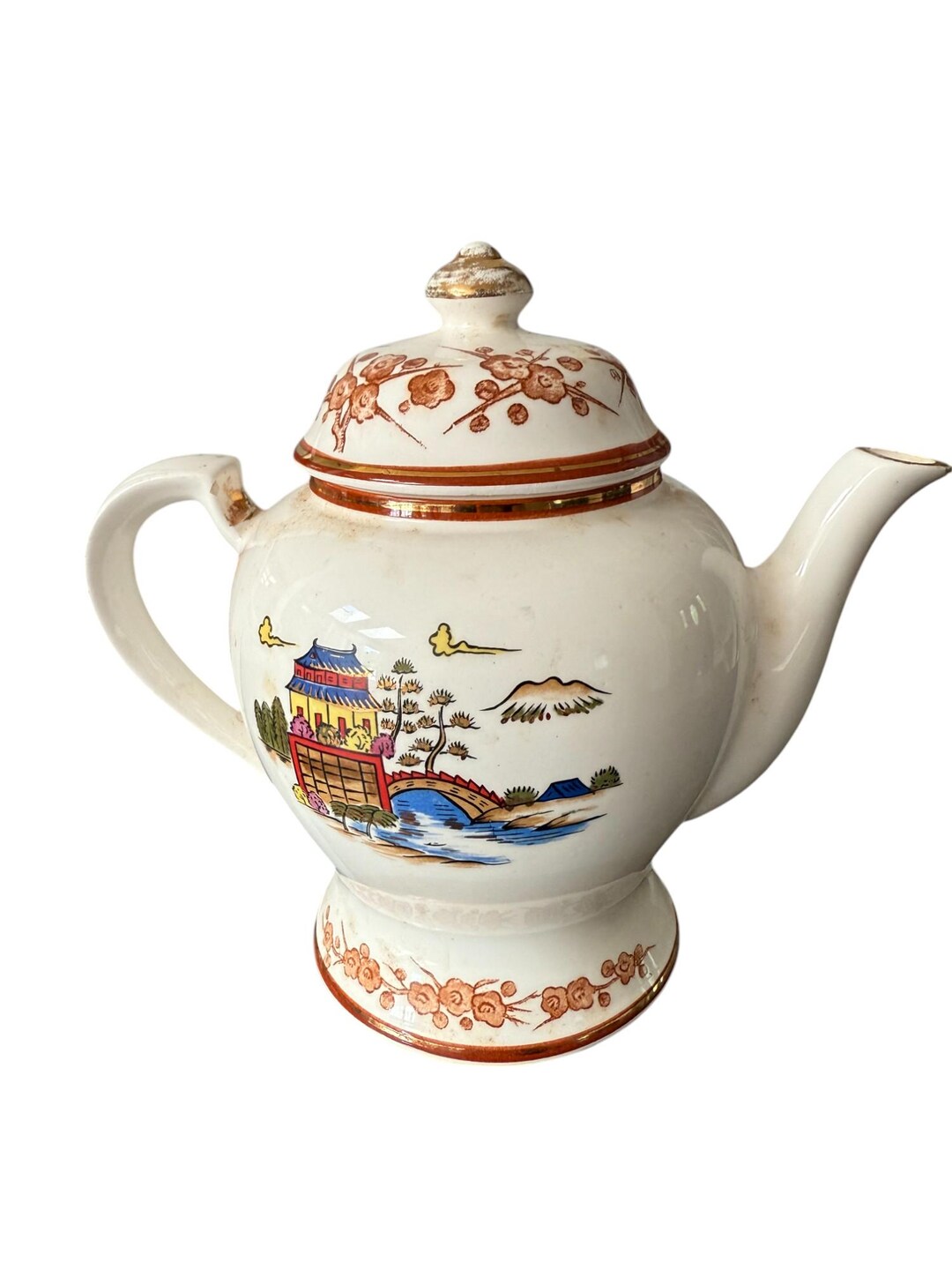 Vintage Asian-inspired Ceramic Teapot – Hand-painted Pagoda & Floral ...