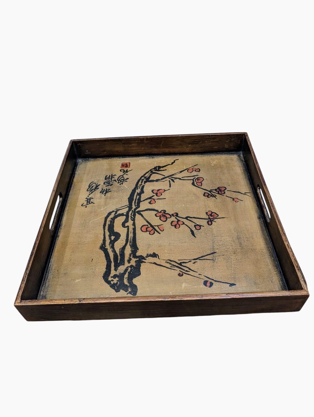 Hand-painted Oriental Cherry Blossom Wooden Serving Tray – Vintage ...