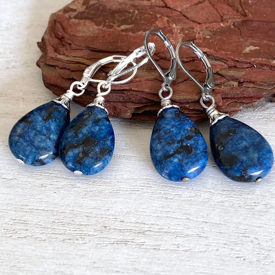 Blue & Black Composite Teardrop Earrings, Lapis Blue, Flat Teardrop ...