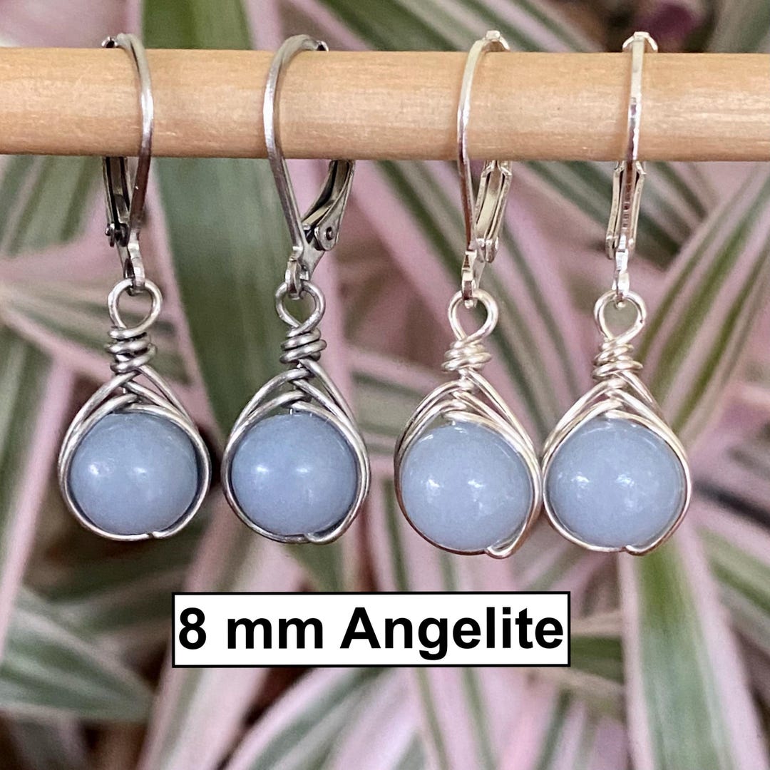 Angelite Herringbone Wire Wrapped Earrings: 8 Mm, Dusty Blue - Etsy