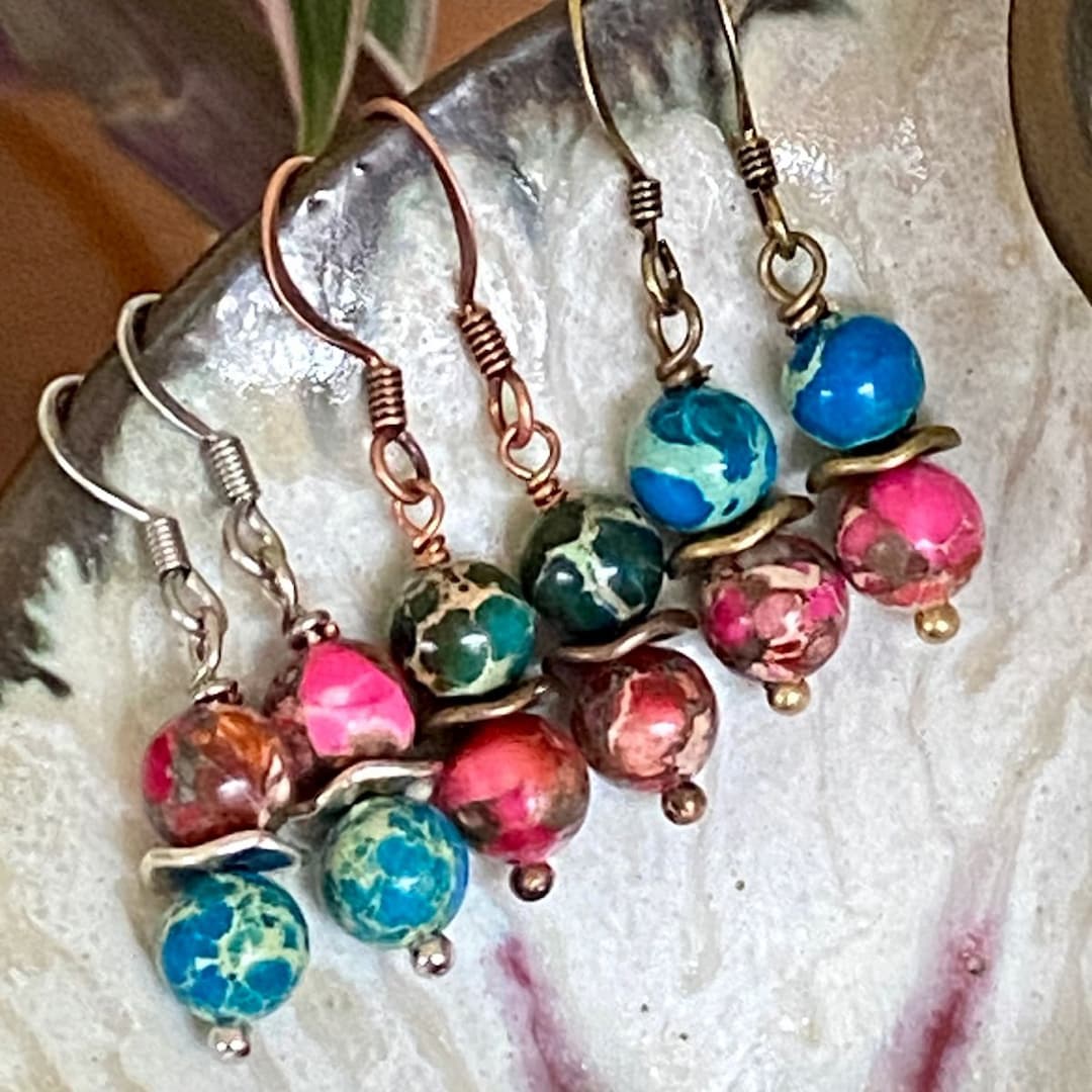 Colorful Small Everyday Drop Earrings, Impression Jasper, Pink, Green ...