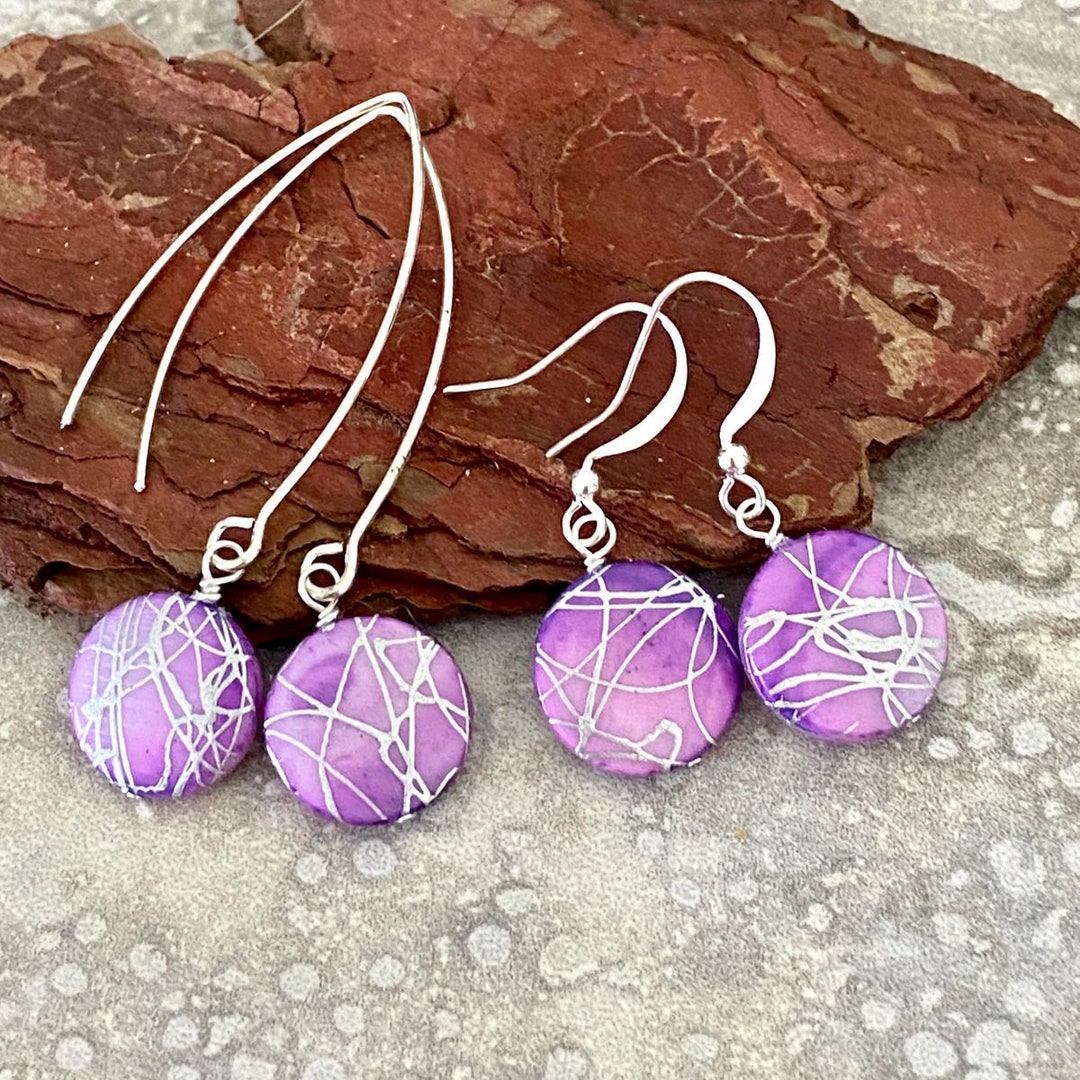 Fuchsia Pink Shell With Silver Drizzle Earrings, Purple Pink, Orchid ...