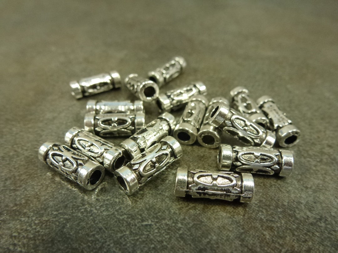25pc Fancy Tube 13x5mm Antiqued Silver Tone Metal Bead, 3mm Hole, Base ...