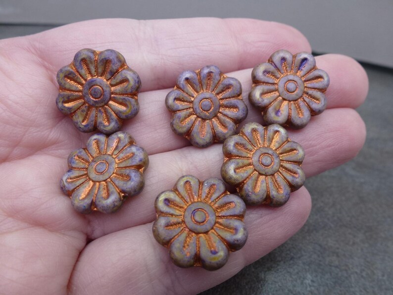6pc Putty Travertine/copper Daisy Flower Beads, 18mm Czech Pressed ...