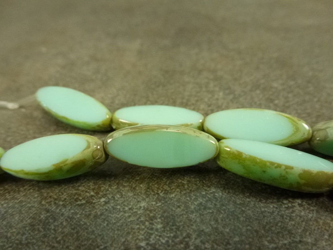8pc Medium Mint Travertine Spindle Beads, 16x6mm Czech Glass, Table Cut ...