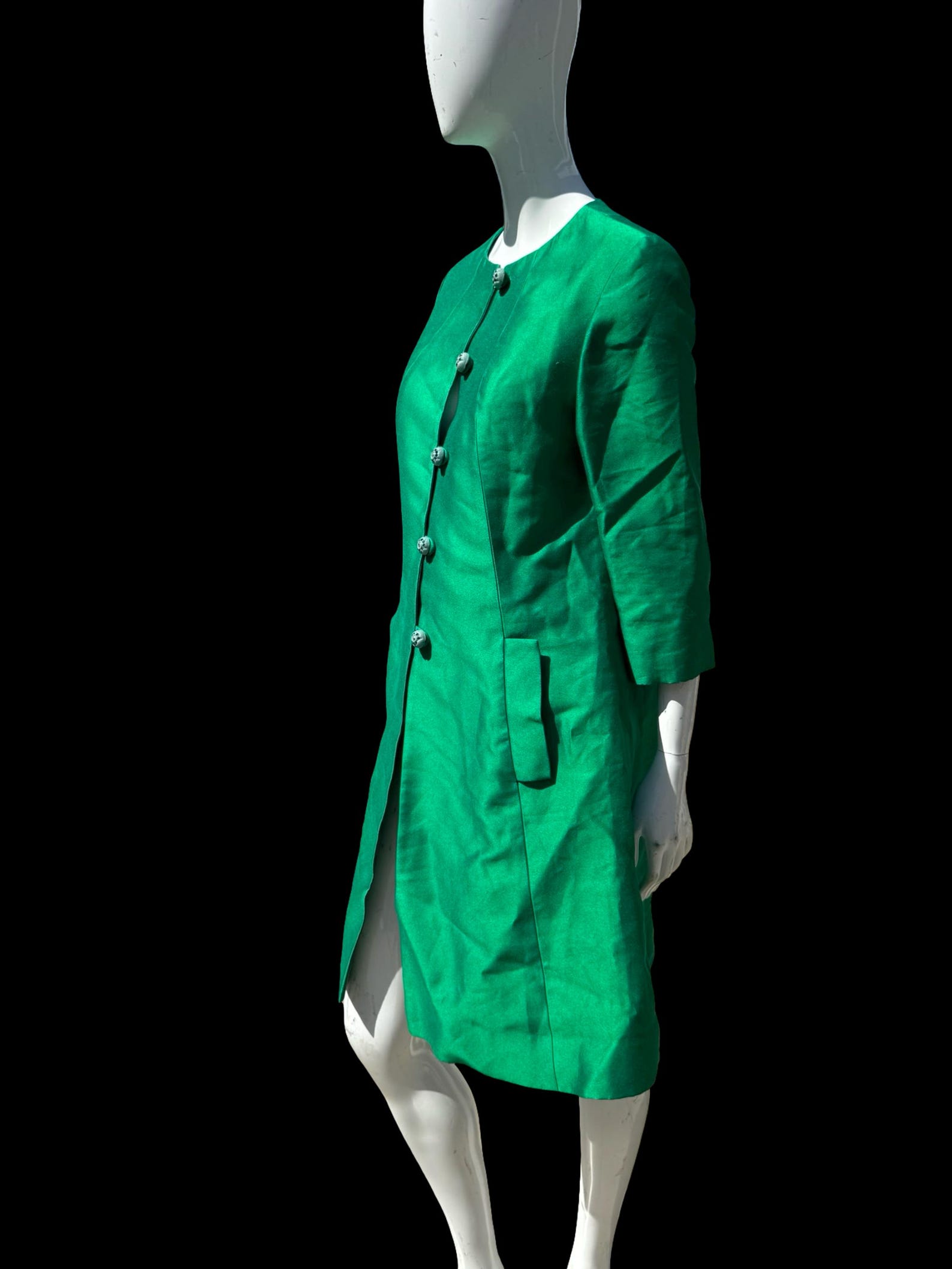Vintage 60s Green Silk Coat Overcoat Duster Lucite Buttons With ...