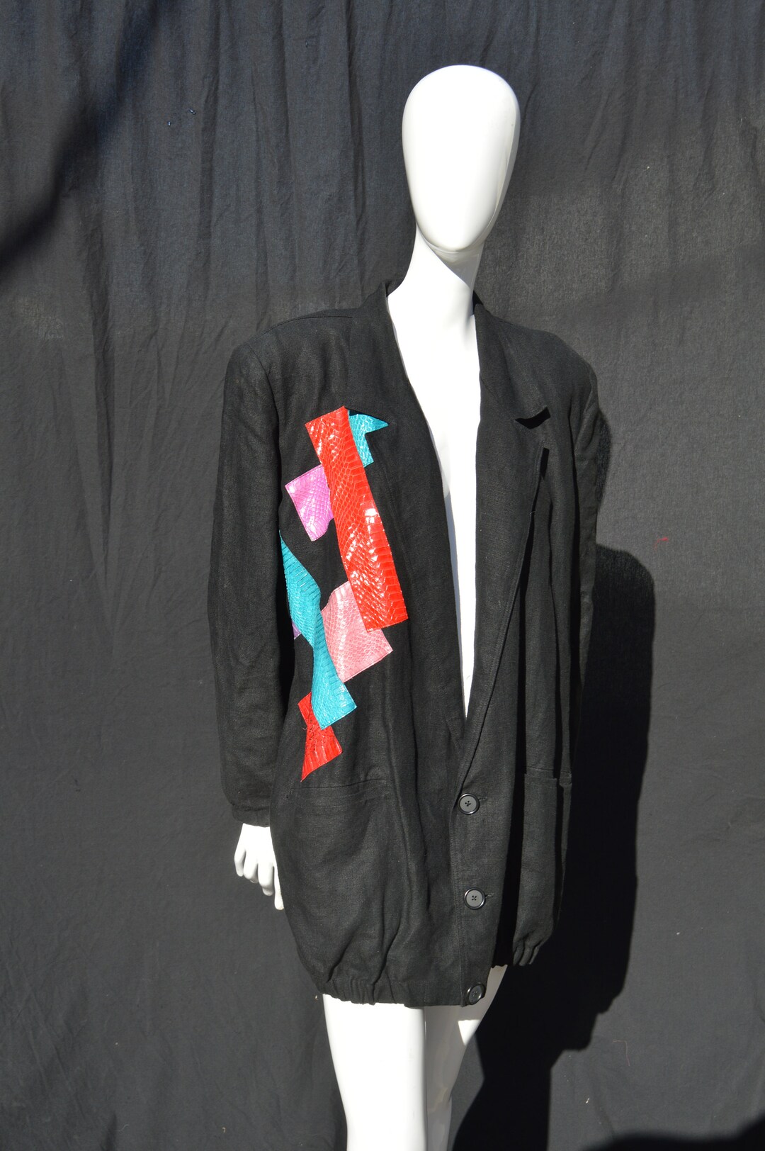 Vintage 80's Linen Jacket Abstract Snake Skin Artwork Patchwork Inserts ...