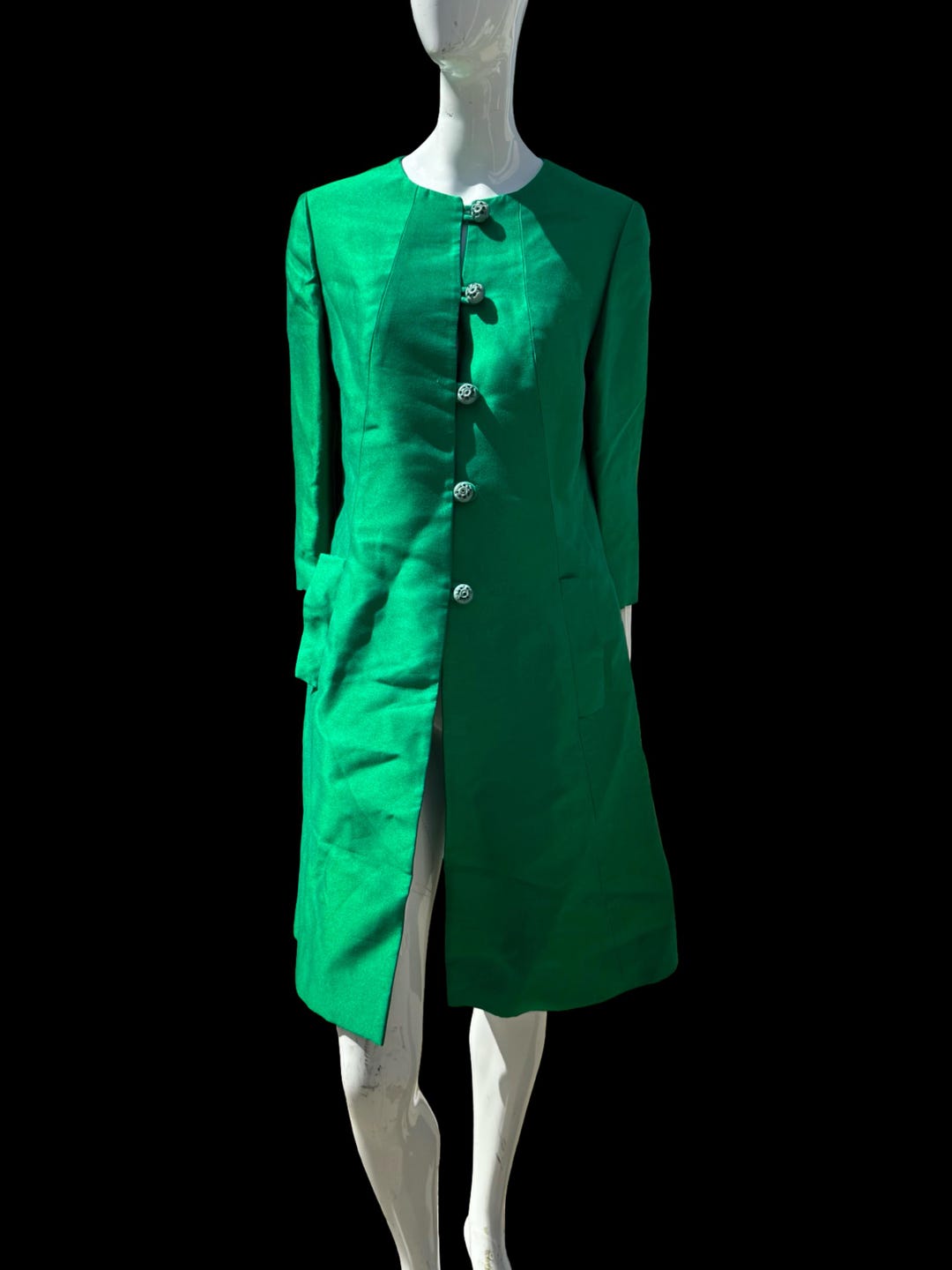 Vintage 60s Green Silk Coat Overcoat Duster Lucite Buttons With ...