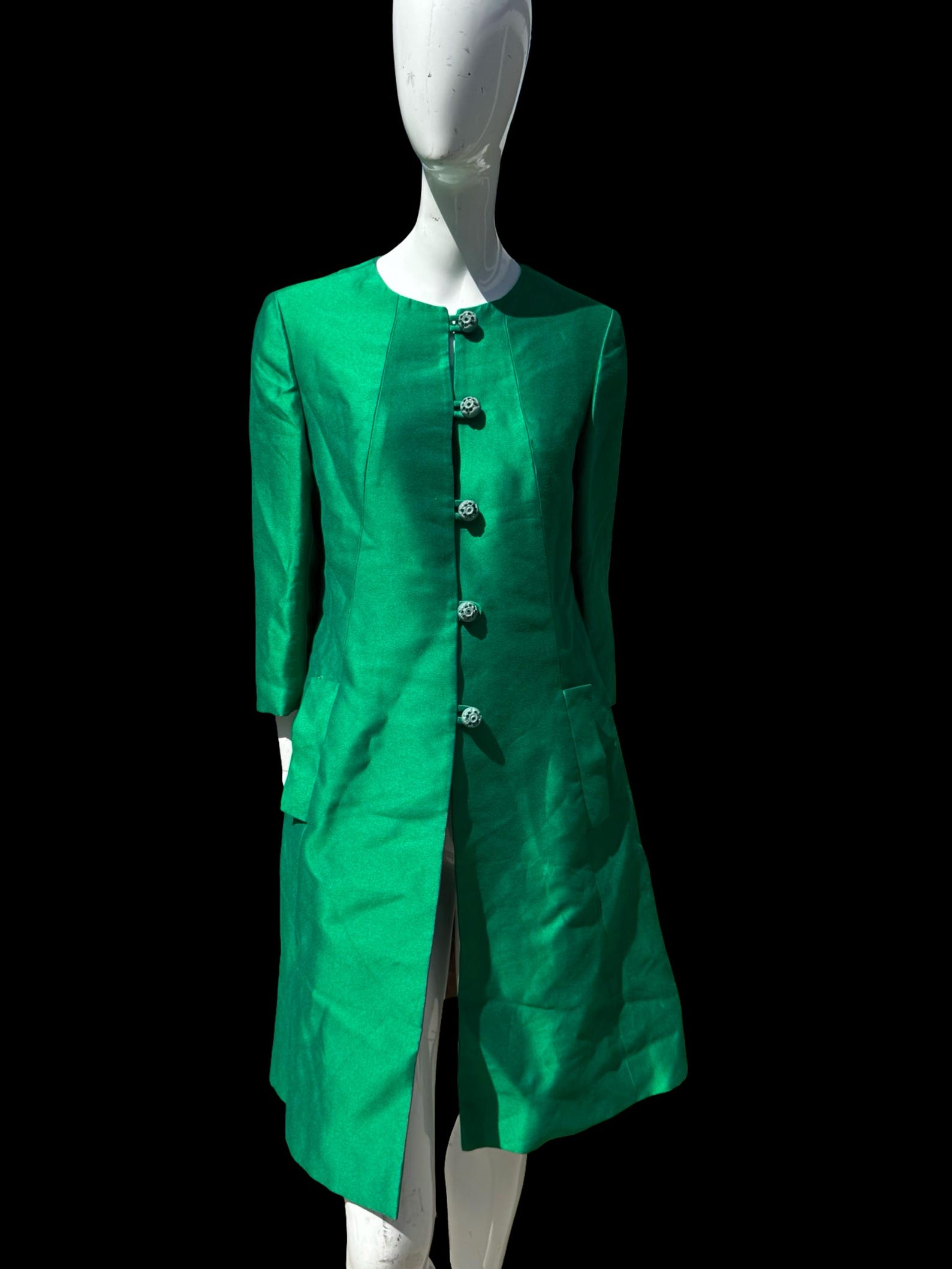 Vintage 60s Green Silk Coat Overcoat Duster Lucite Buttons With ...