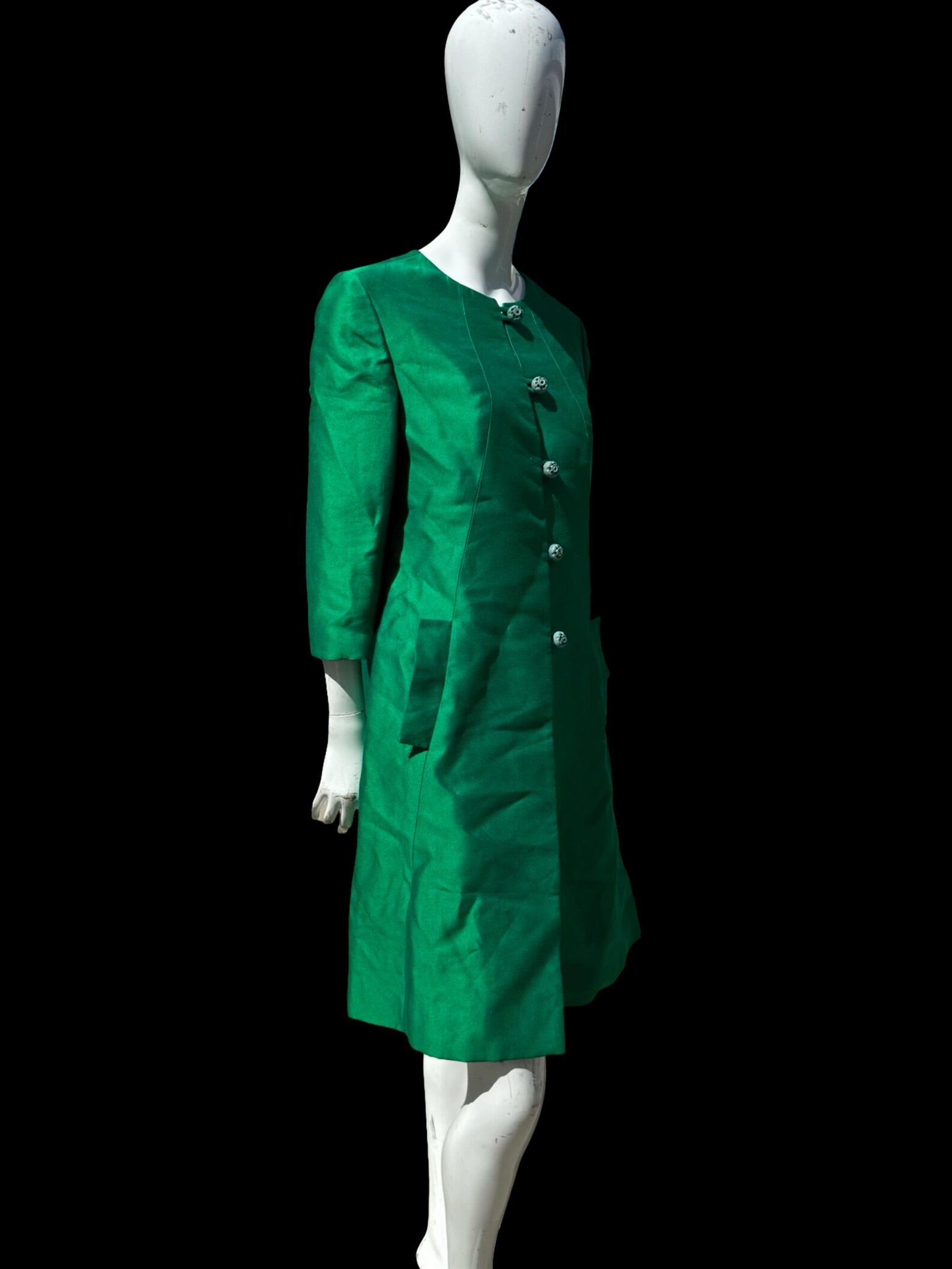 Vintage 60s Green Silk Coat Overcoat Duster Lucite Buttons With ...