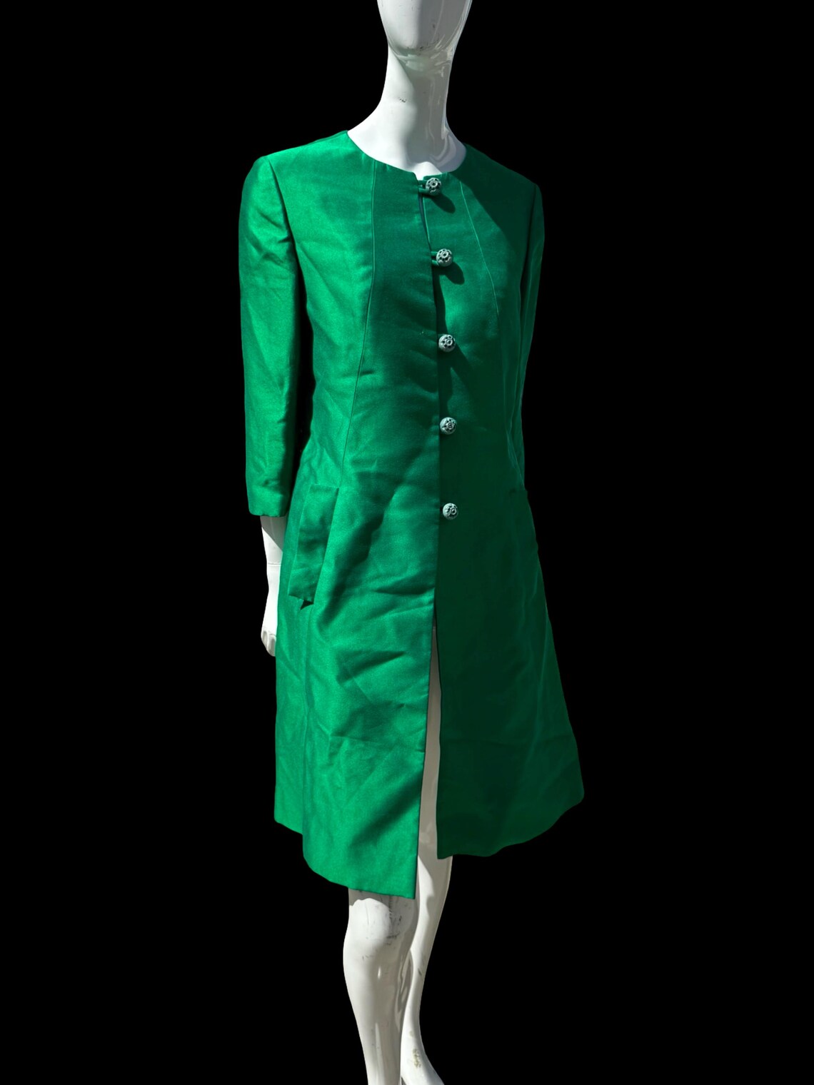 Vintage 60s Green Silk Coat Overcoat Duster Lucite Buttons With ...