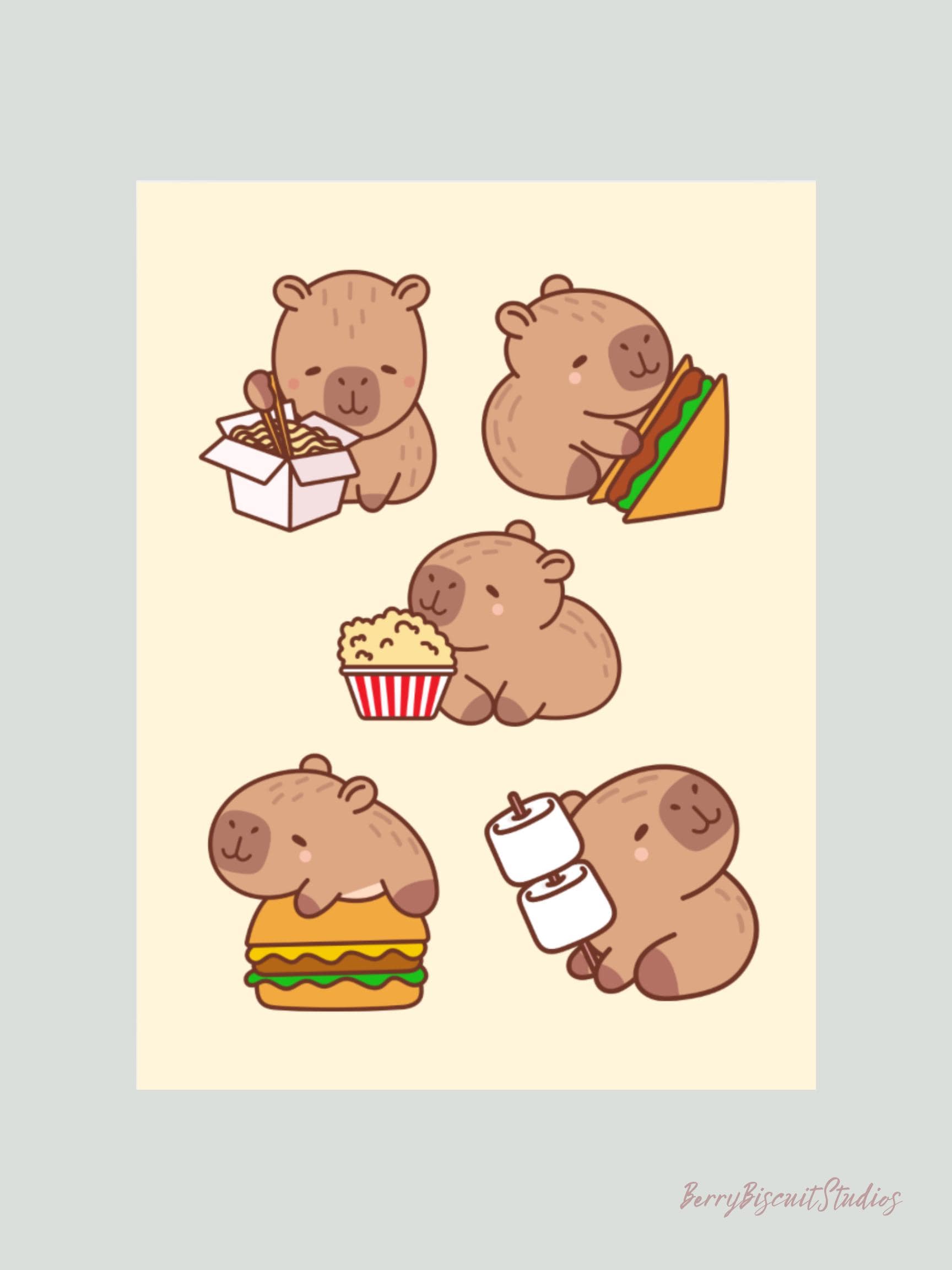 Kawaii Capybara Art Print – Five Cute Capybaras Eating Snacks – 5x7 ...