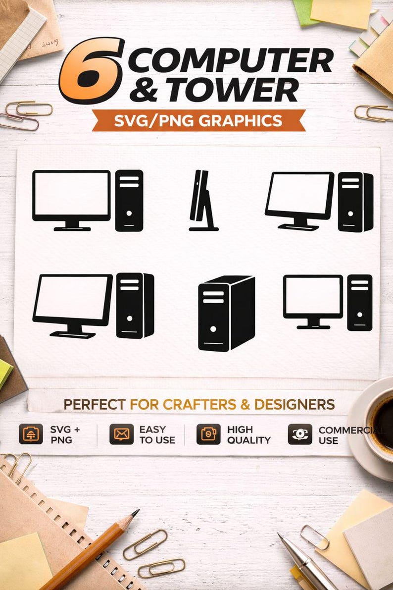 Desktop Computer Silhouette | Monitor & Tower Icons (digital Download ...