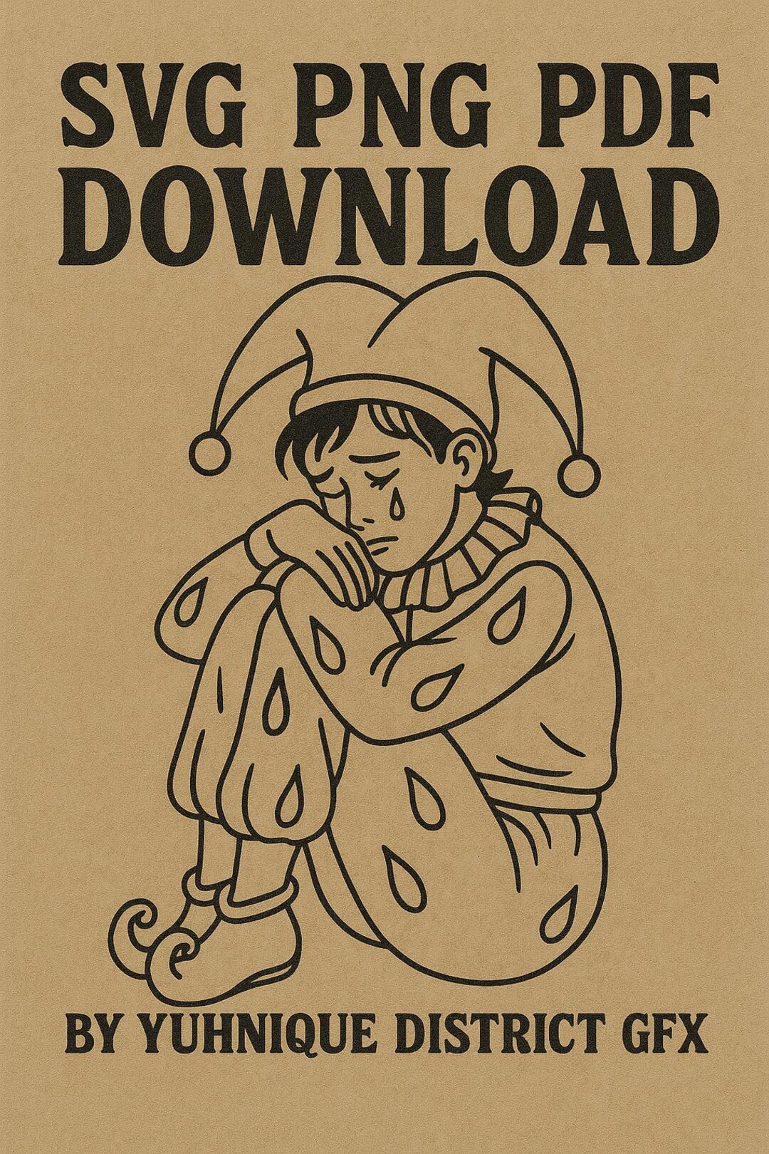 Sad Jester SVG PNG PDF | Melancholy Clown Line Art for Sublimation ...
