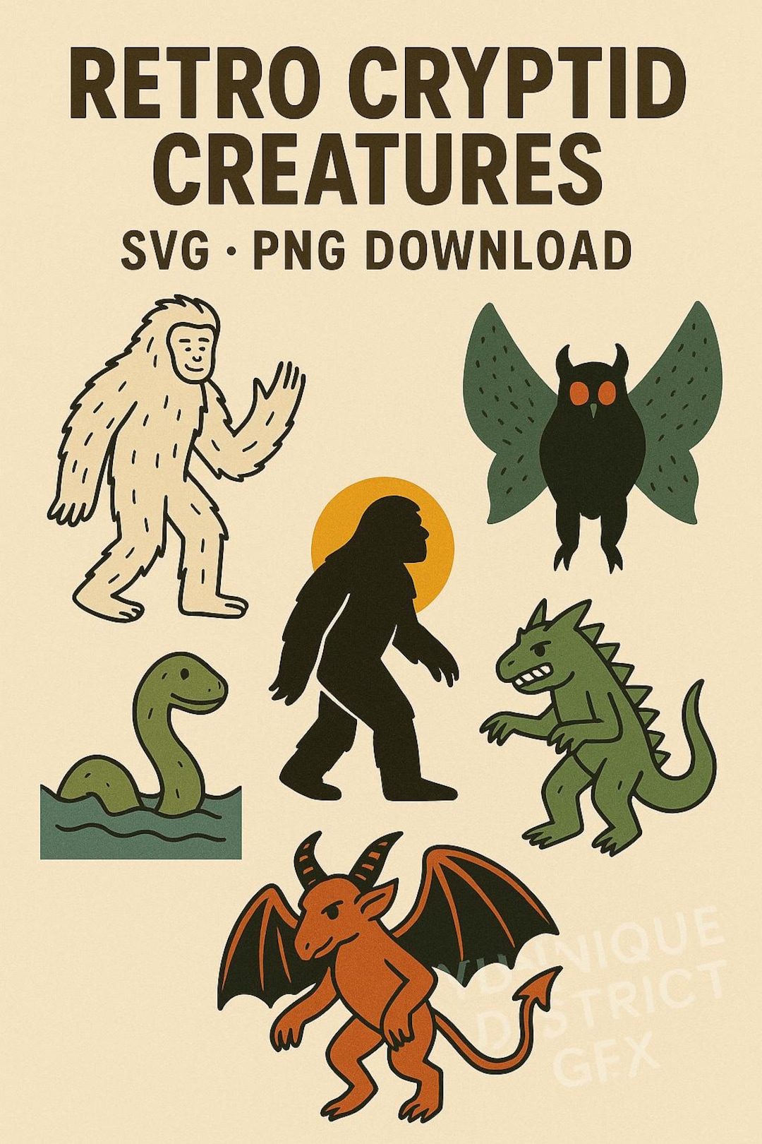 Retro Cryptid Creatures SVG PNG Bundle: Mythical Monster Clipart ...