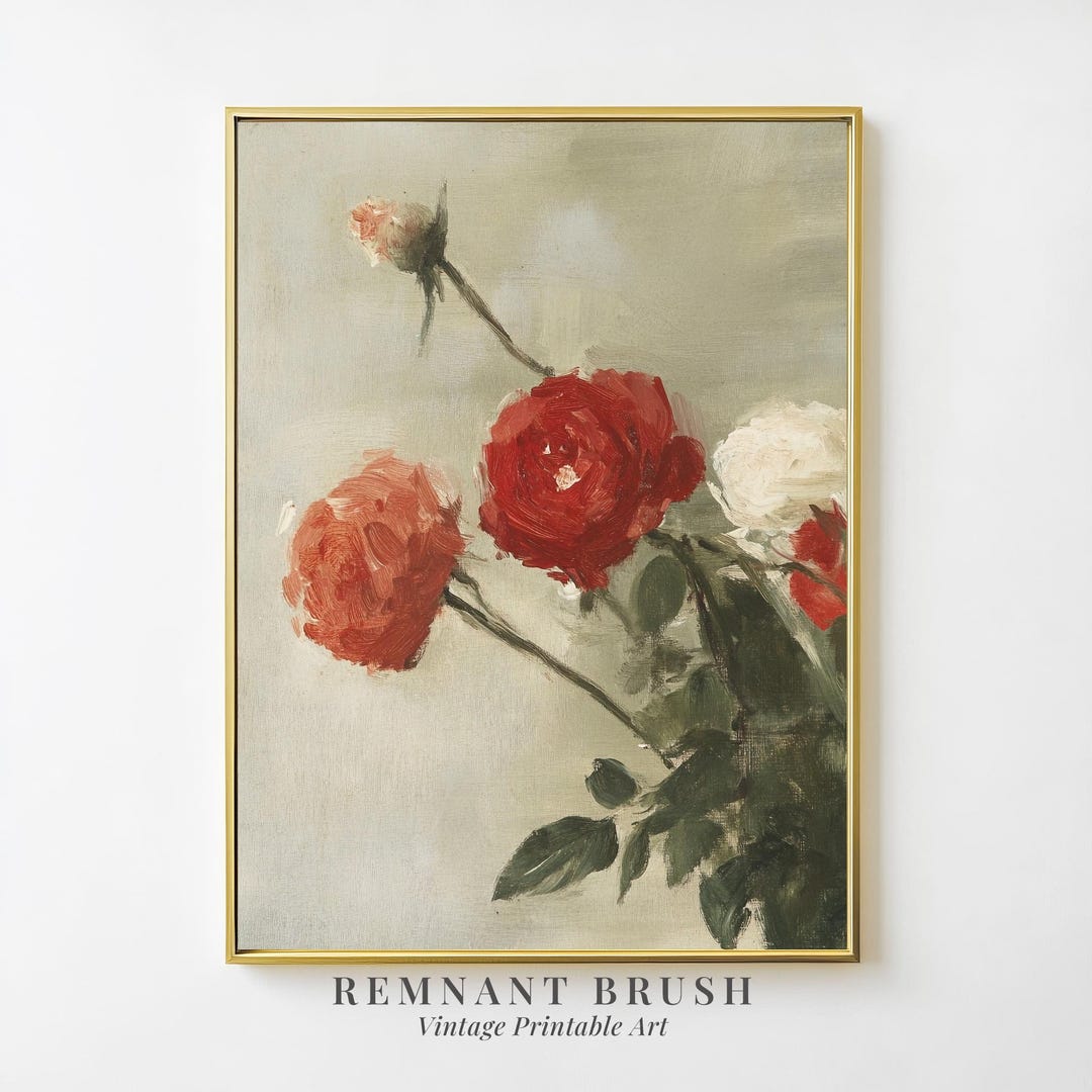 Vintage Red Roses Art Print | Floral Still Life Bouquet Painting ...