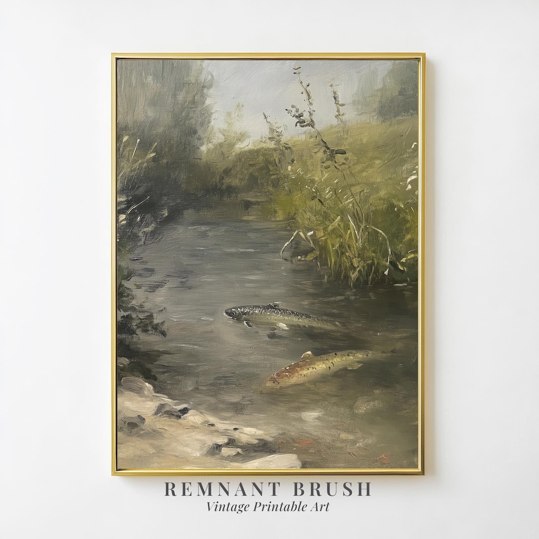 Vintage Trout Stream Painting | Moody River Scene Fish Art Print Nature ...