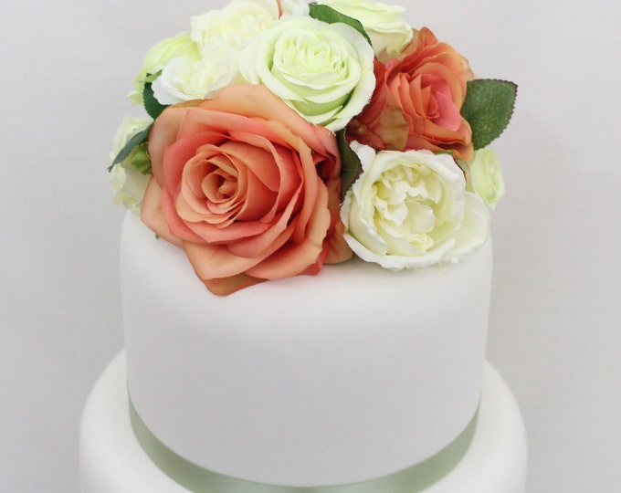Wedding Cake Topper Coral Light Green and Cream Rose Silk - Etsy