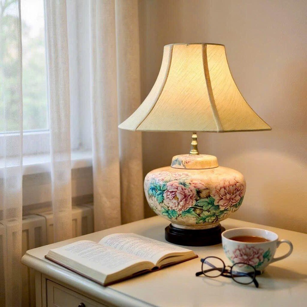 Hand-painted Peony Table Lamp – Bat Trang Vietnamese Ceramic Lighting ...