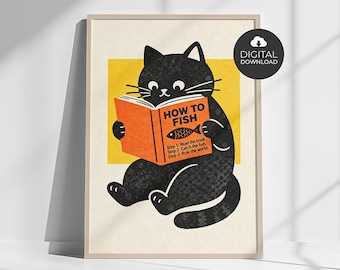 How to Fish Printable Art | Cute Black Cat Poster | Cozy Home Wall ...