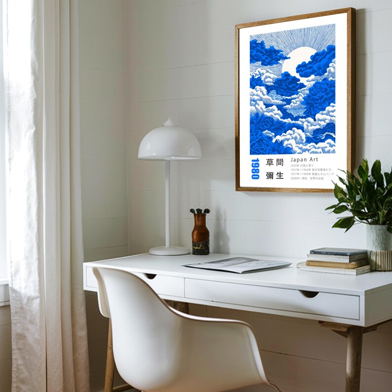 Impressão de lua azul do oceano, arte de paisagem marítima japonesa ...