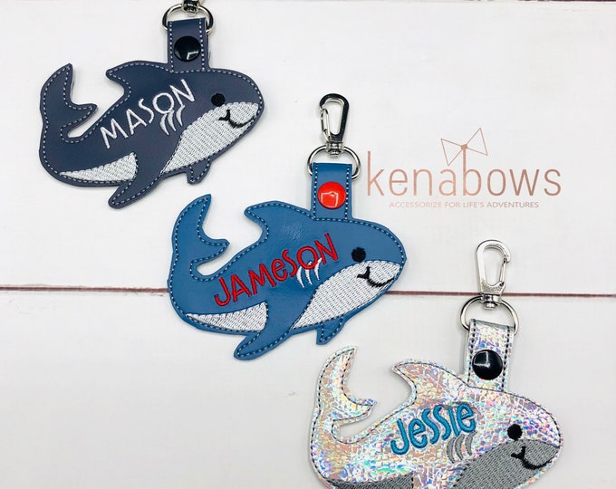 Shark Personalized Name Tag, School Backpack Tag, Blue Shark Snap Tab ...