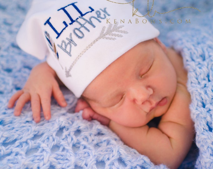 Little Brother Baby Hat, New Baby Boy Hat, Silver Arrow, Feather, White ...