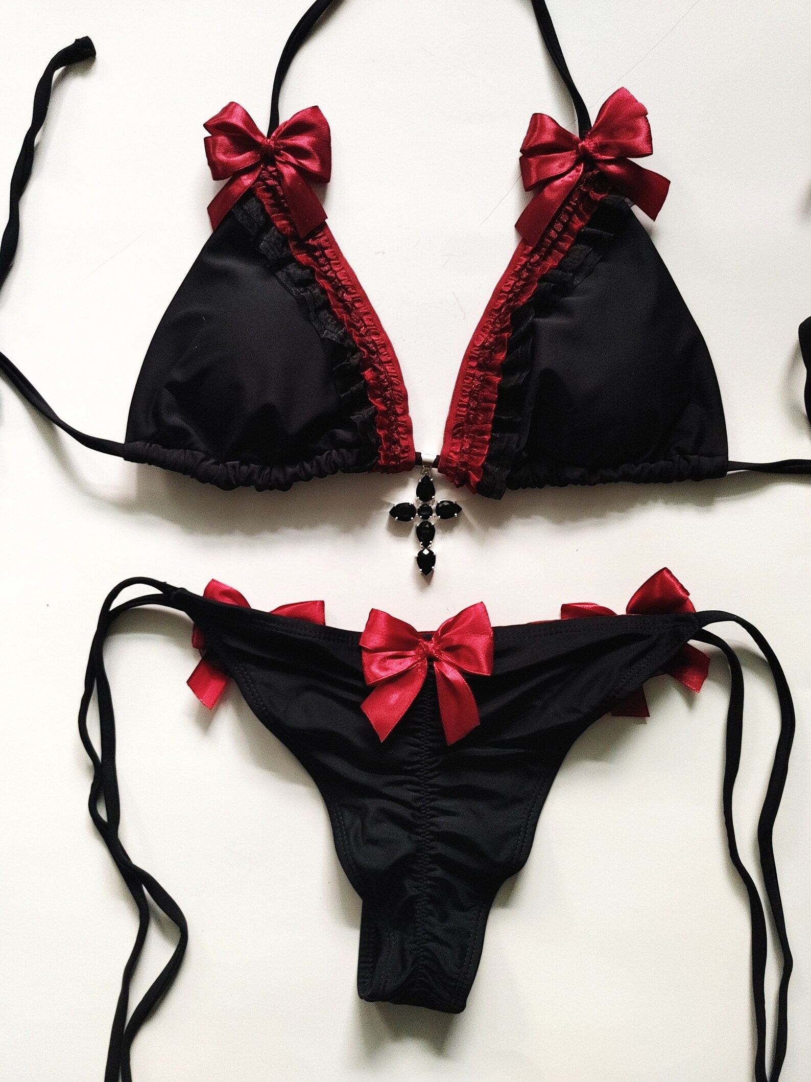 GOTHIC LOLITA BIKINI Black Scrunch Bottom Brazilian Swimsuit Rococo ...