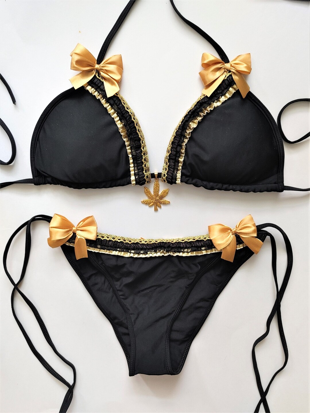 BLACK BRAZILIAN BIKINI Cheeky Scrunch Bottom Bikini Gold Marijuana Weed ...