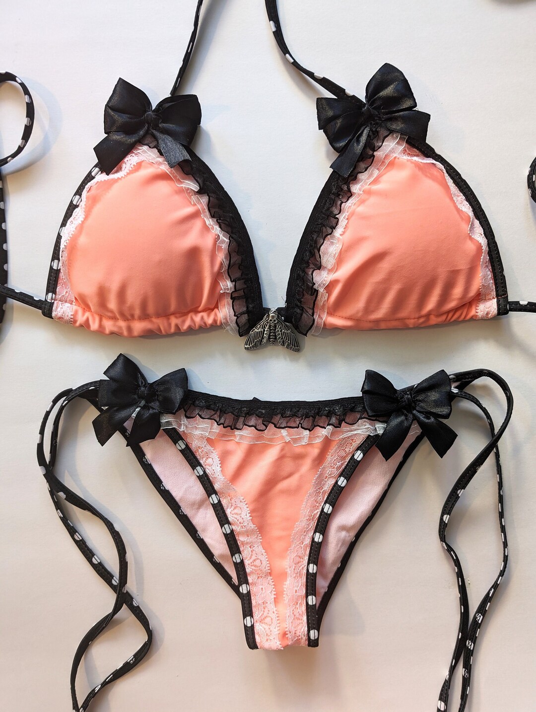 GOTHIC LOLITA BIKINI Cheeky Scrunch Bottom Brazilian Bikini Peach Black ...