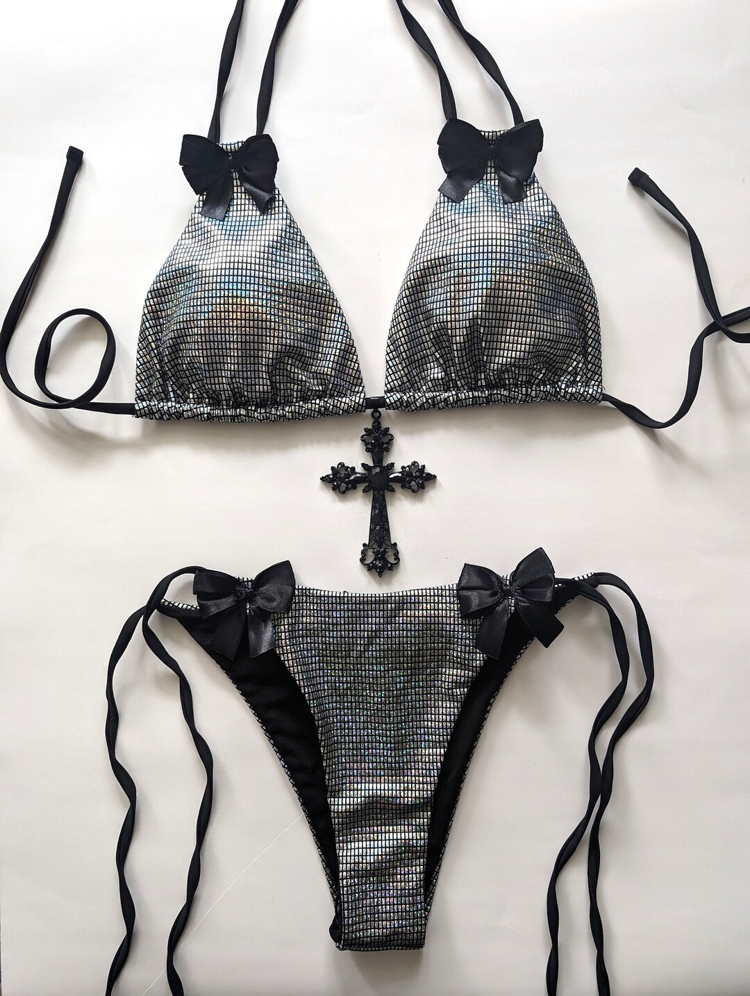 GOTH BIKINI Holo Gunmetal Metalic Cheeky Triangle Tie Swimsuit Emo Gothic Ddlg Lolita Bikini ...