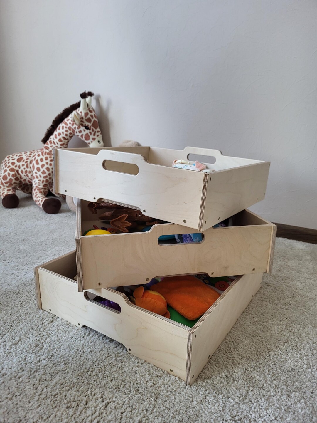 Set of 3 Baubox Wooden Storage Bins – Stackable Montessori Toy ...