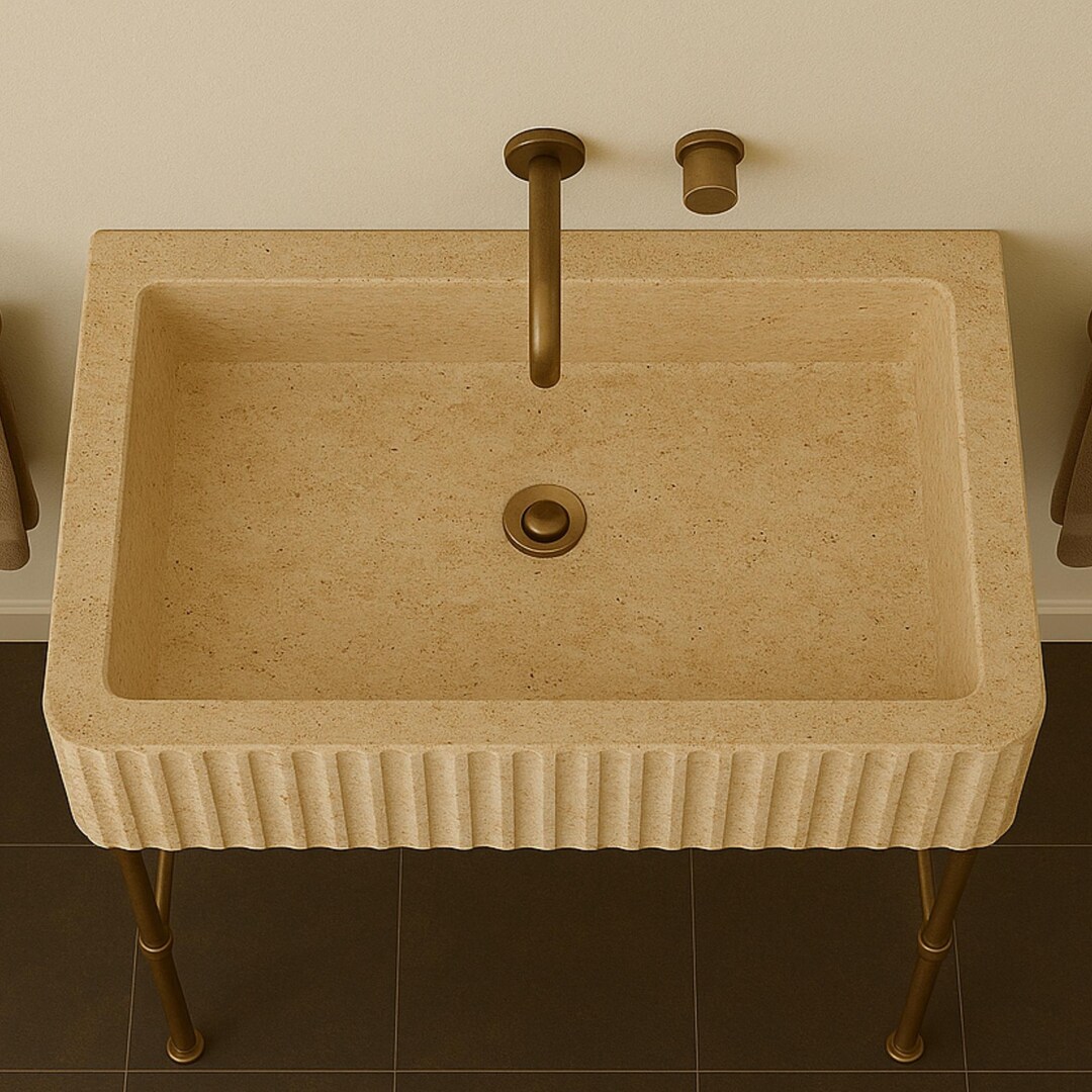 Travertine Bathroom Sink – 32" Fluted Stone Basin With Metal Legs ...